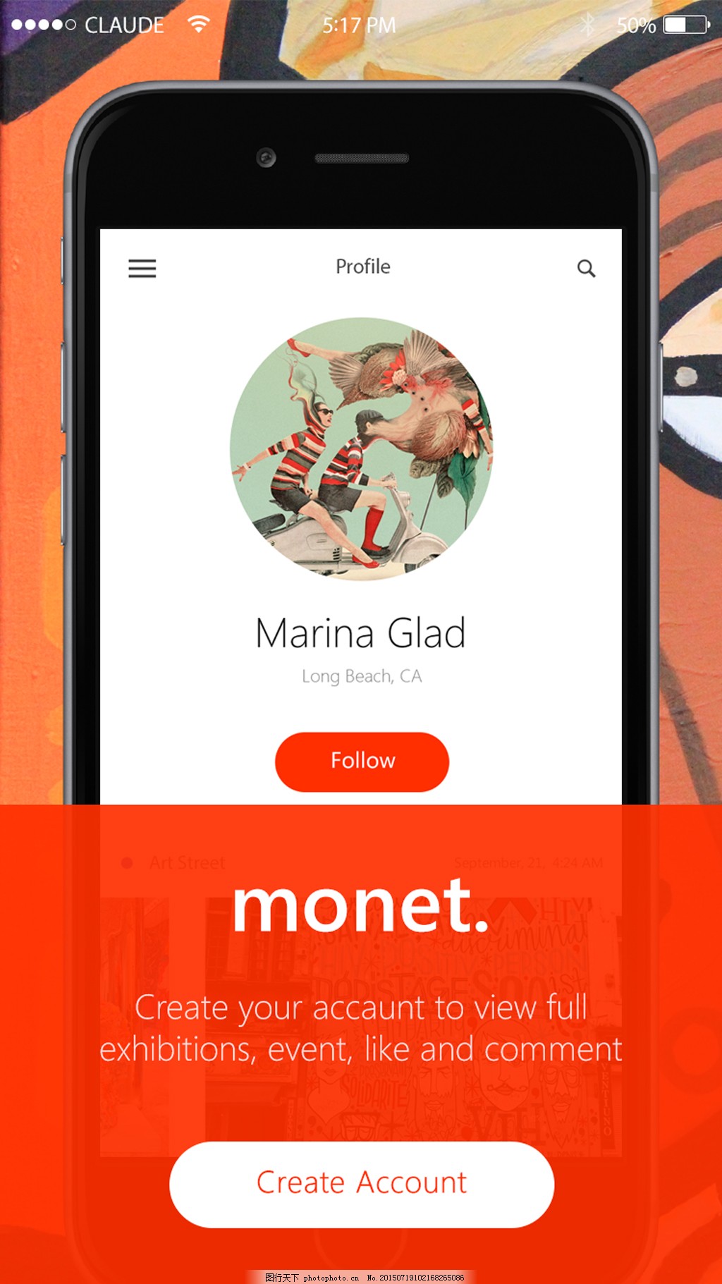 莫奈展览注册账号H5页面橙色艺术风psd图片_登录注册_H5/小程序-图行天下素材网